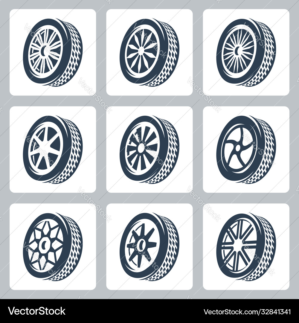 Wheel disks and tires icon set Royalty Free Vector Image