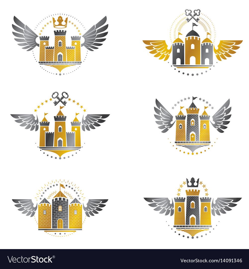Ancient citadels emblems set heraldic design Vector Image