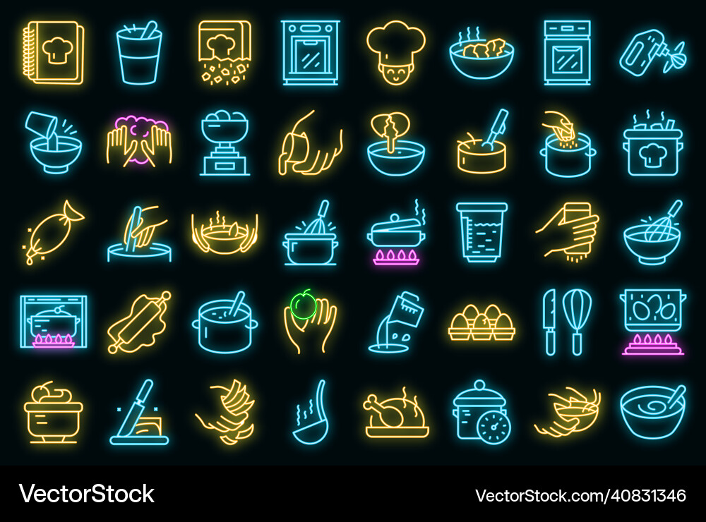 Hands preparing foods icons set neon Royalty Free Vector