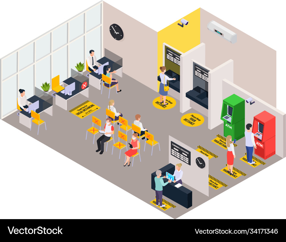Social distancing in bank isometric background Vector Image