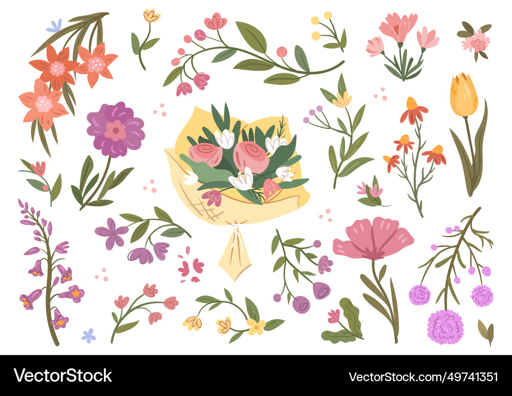 Blooming flowers and bouquets plants branches Vector Image