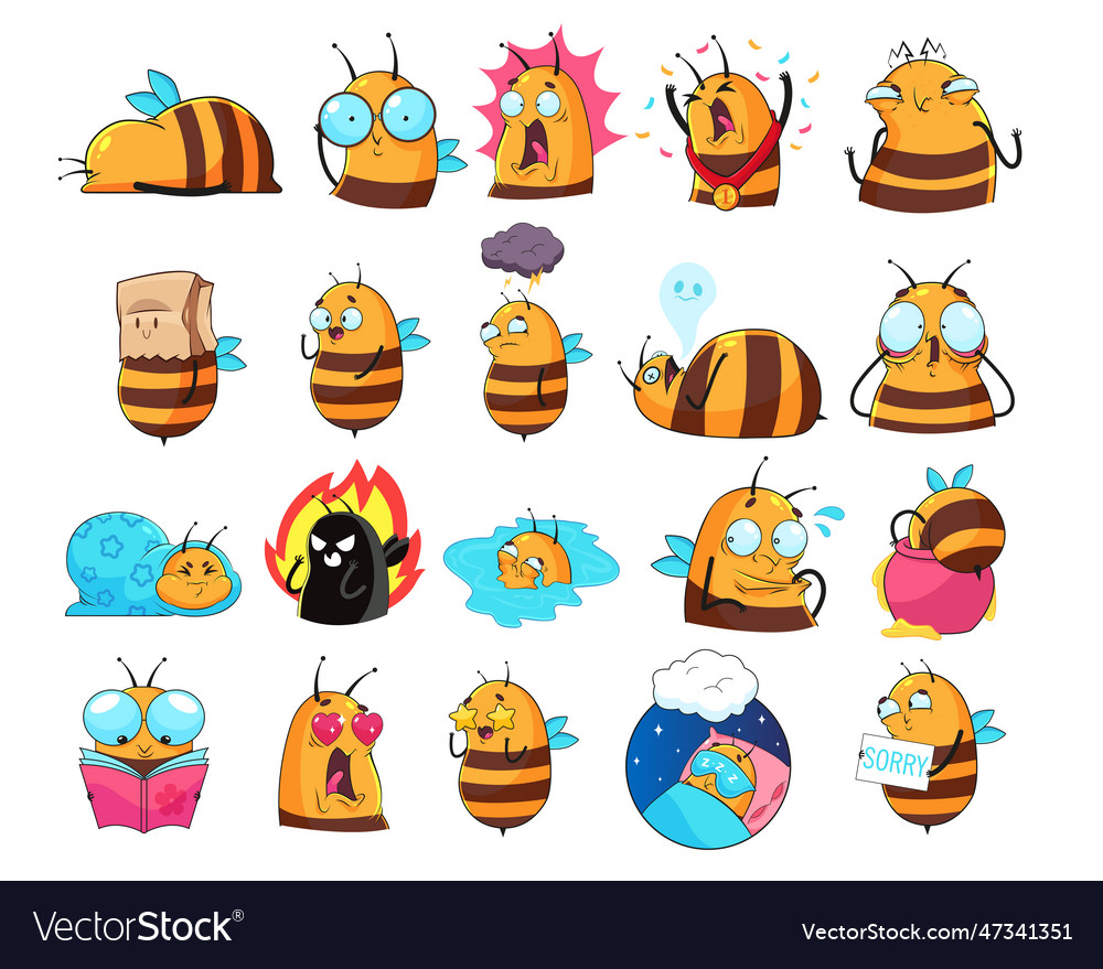 Face expressions of cute bee cartoon character Vector Image