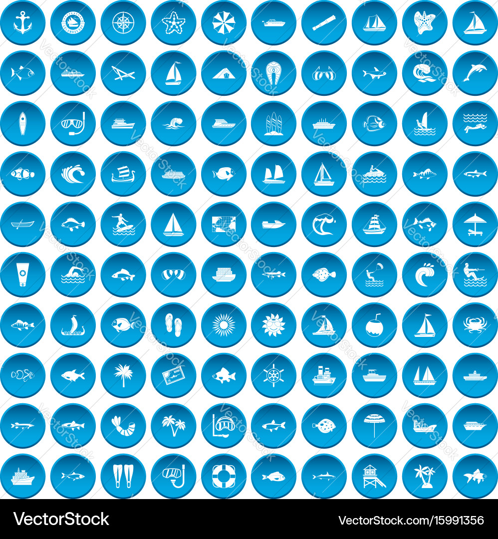 100 sea icons set blue Royalty Free Vector Image