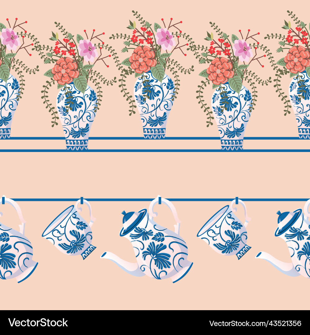 Porcelain pot and vase seamless borders set Vector Image