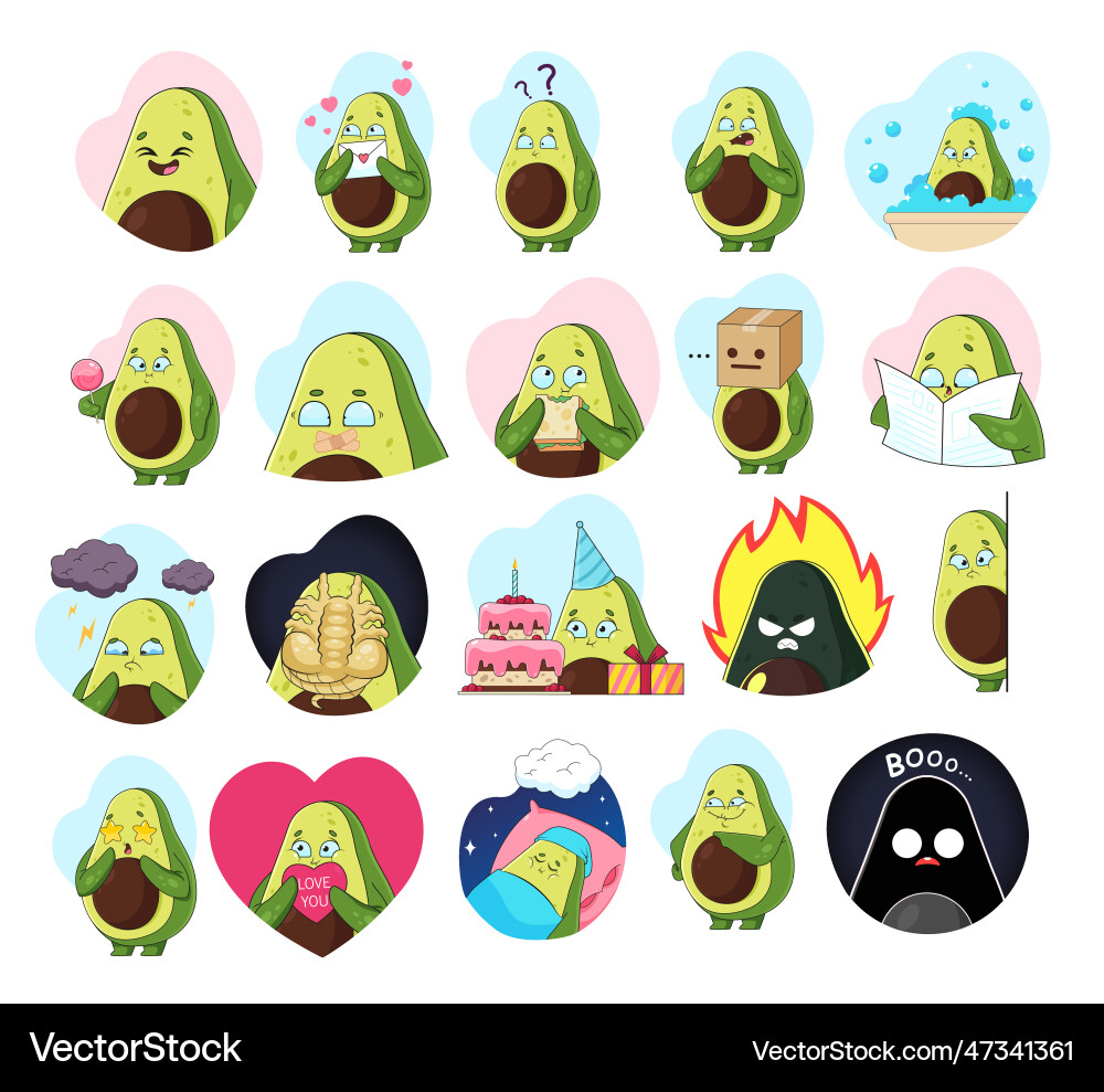 Funny avocado cartoon character sticker set Vector Image
