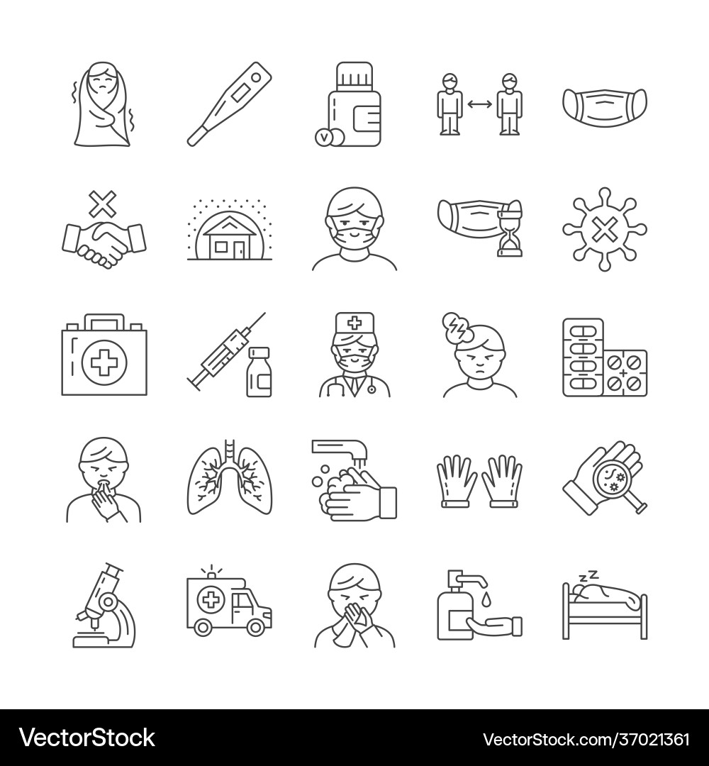 Large set black and white line icons for flu Vector Image