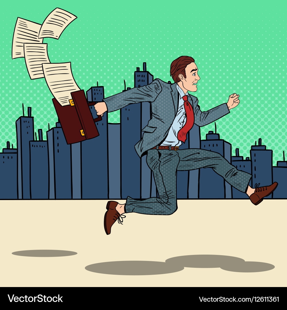 Pop art businessman with briefcase running to work