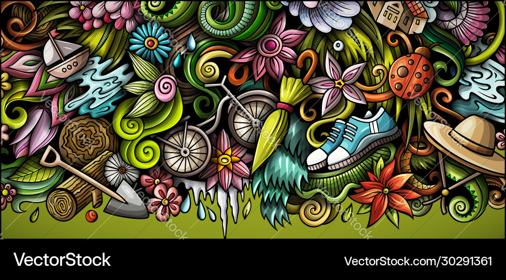Spring hand drawn doodle banner cartoon detailed Vector Image