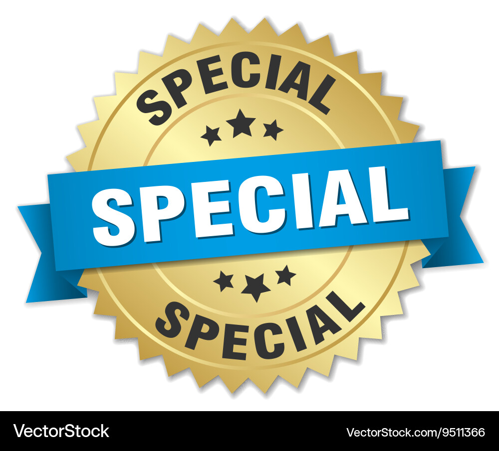 Special 3d gold badge with blue ribbon Royalty Free Vector