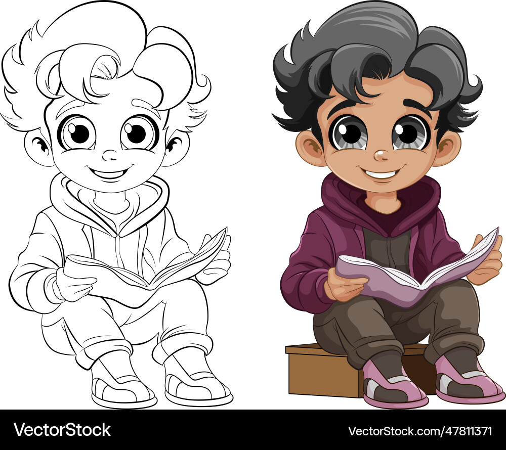 Boy sitting and reading the book its outline Vector Image