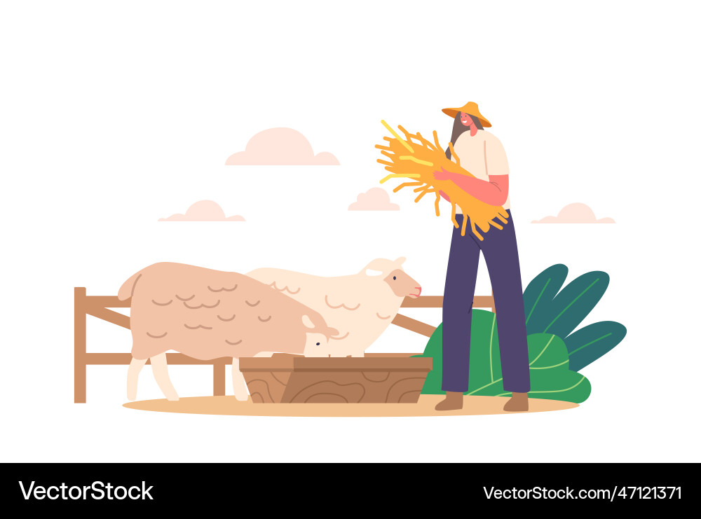 Farmer female character tends sheep flock Vector Image