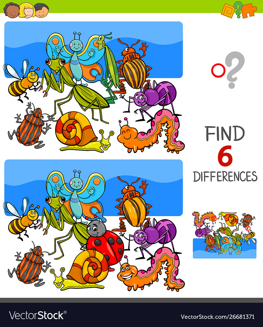 Finding differences game with insects characters Vector Image
