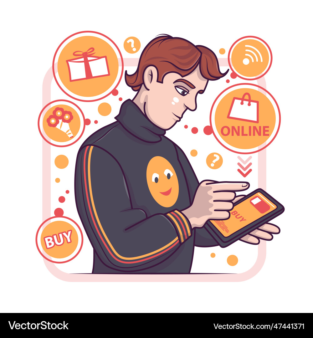 Man holding tablet and ordering goods gifts Vector Image