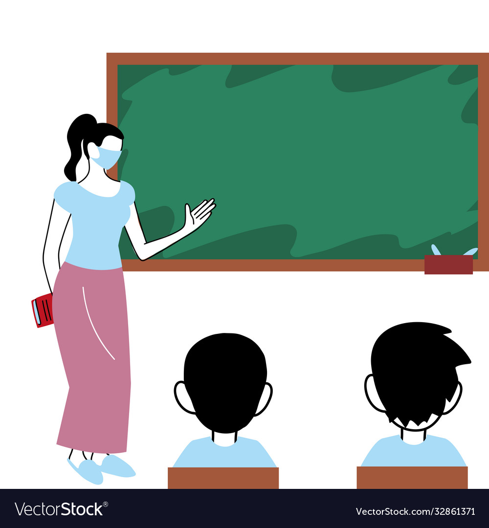 Teacher wearing masks in classroom with her Vector Image