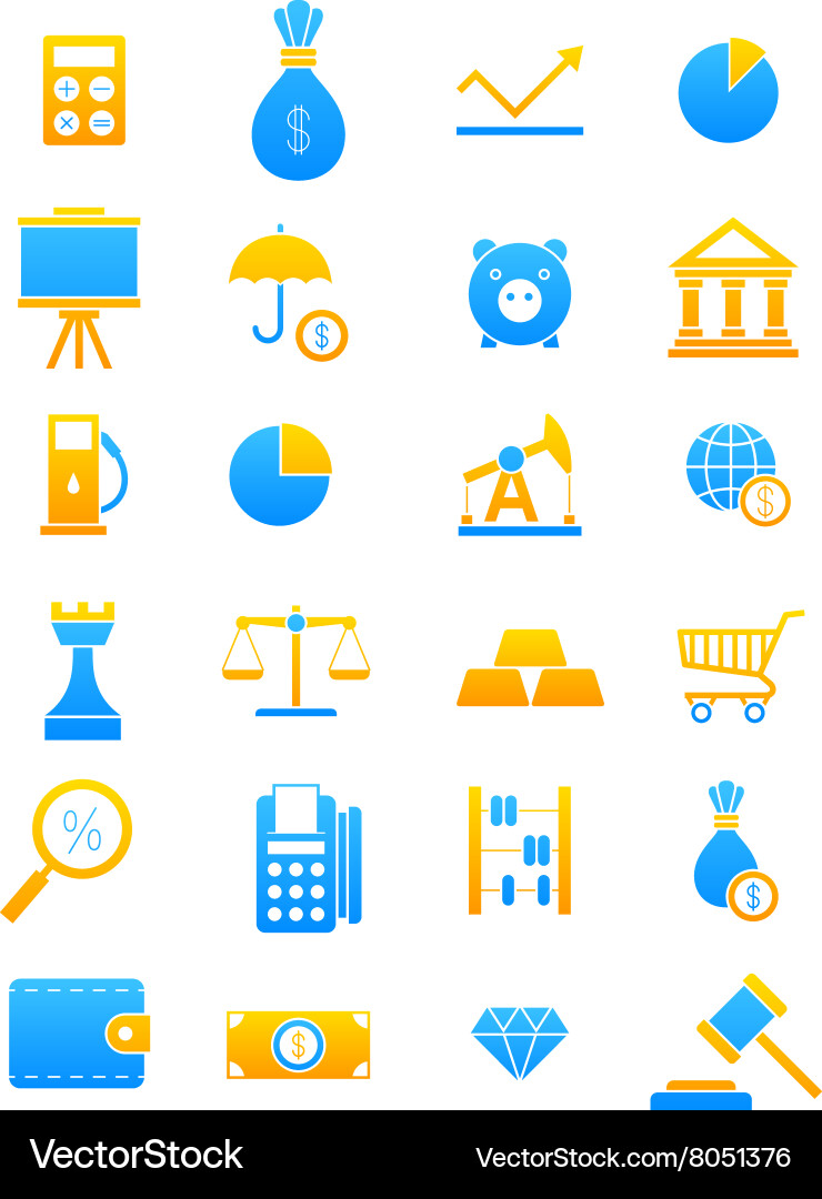 Blue yellow economy icons set Royalty Free Vector Image