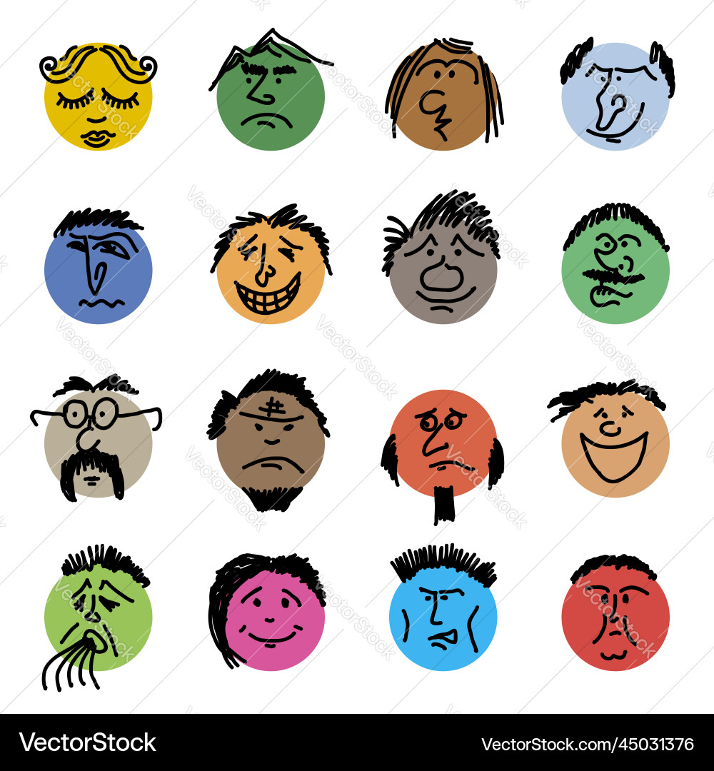Colored doodle heads round comic faces Royalty Free Vector