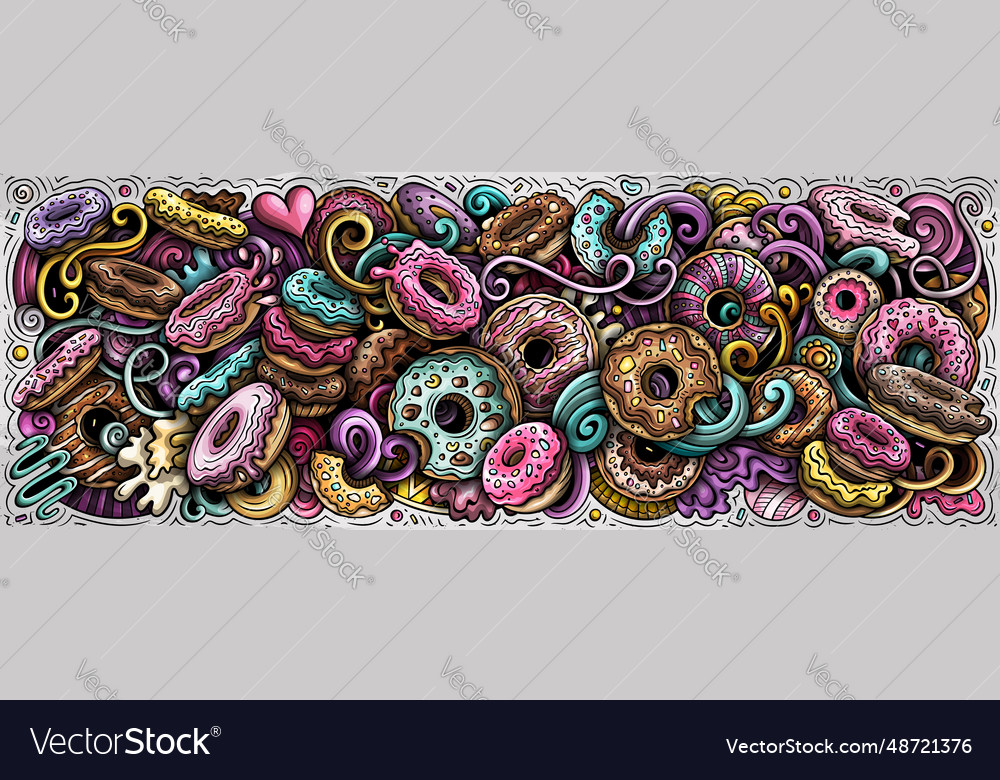 Donuts doodle cartoon funny banner Royalty Free Vector Image