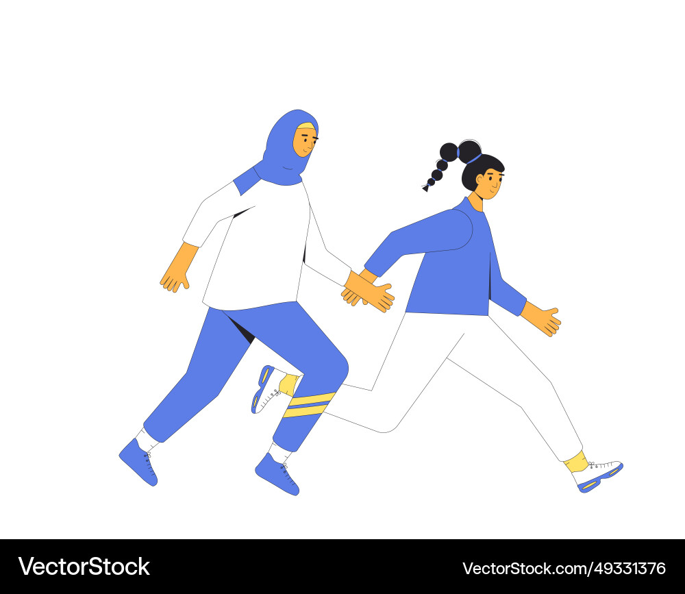 Two runner joggers young women running together Vector Image