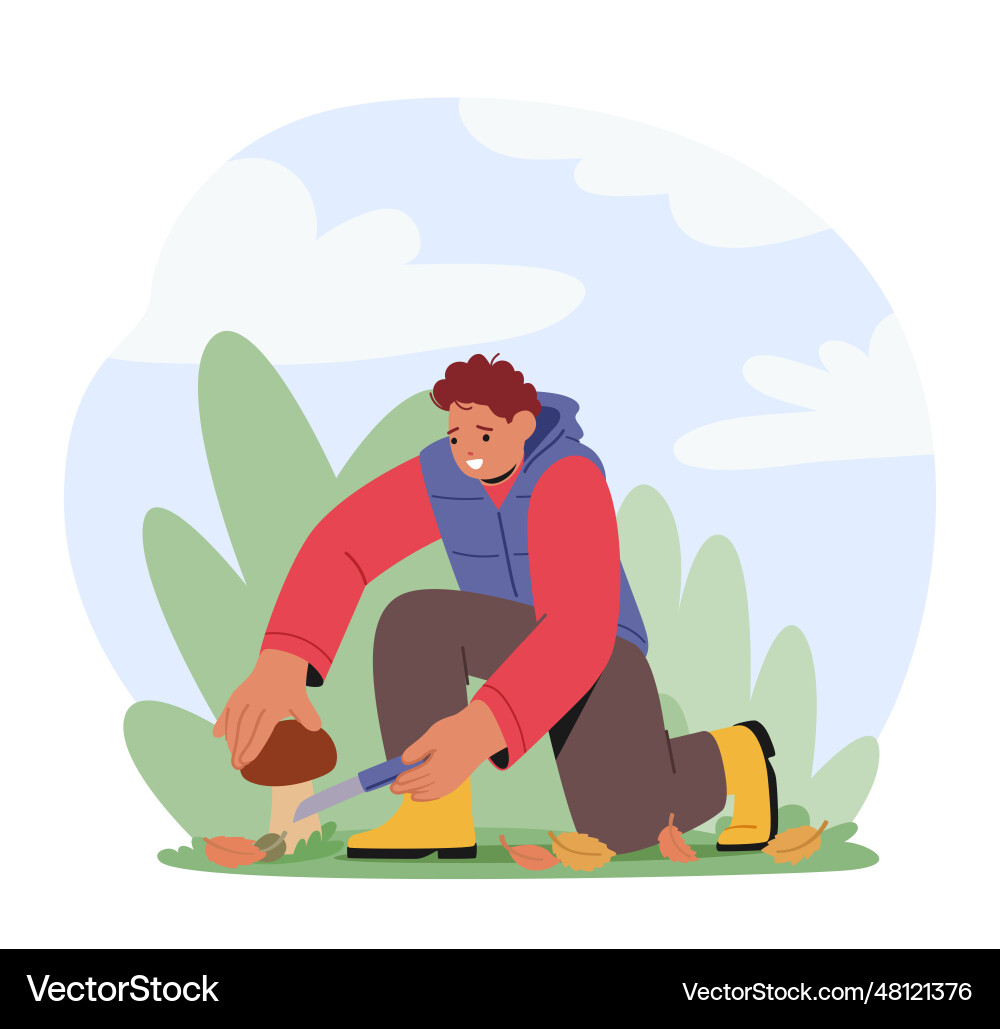 Young man ventures into the forest to pick Vector Image