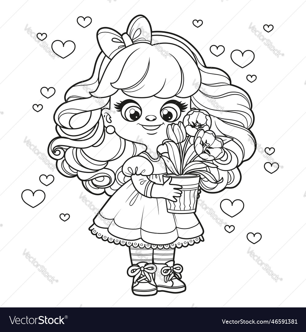 Cute Cartoon Long Haired Girl Holds In Hands Vector Image