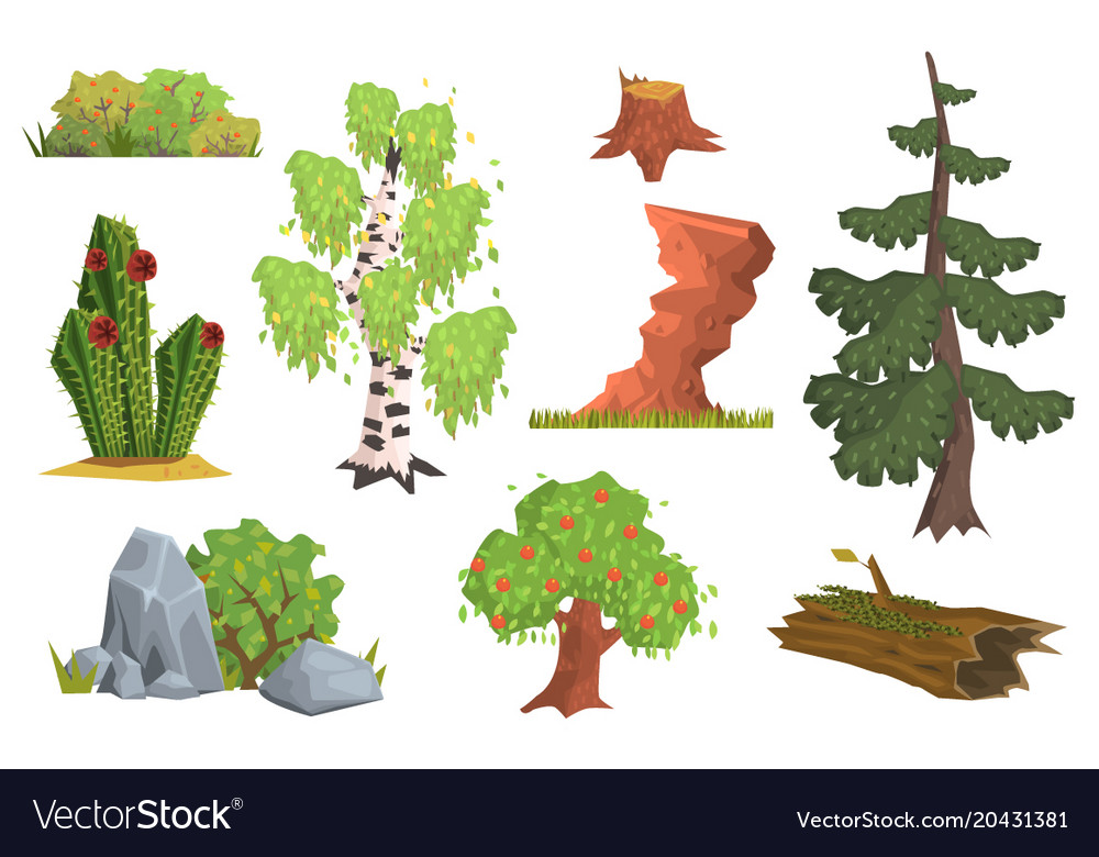 Flat set nature elements apple tree Royalty Free Vector