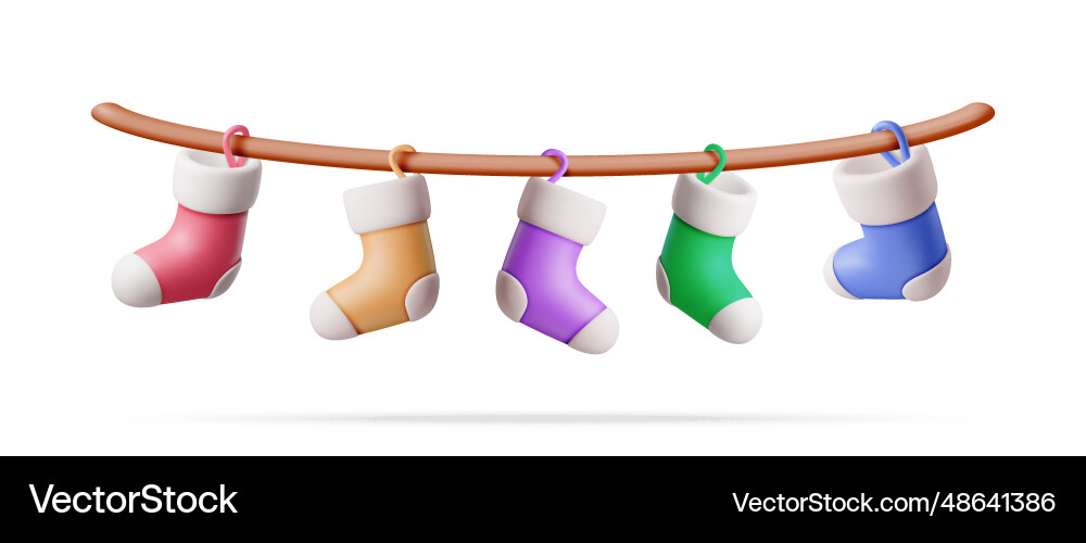 3d christmas stocking on rope color sock Vector Image