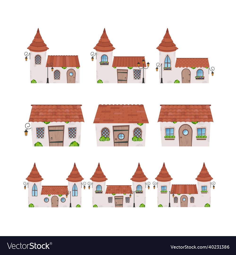 Big set of fairy houses stone building Royalty Free Vector