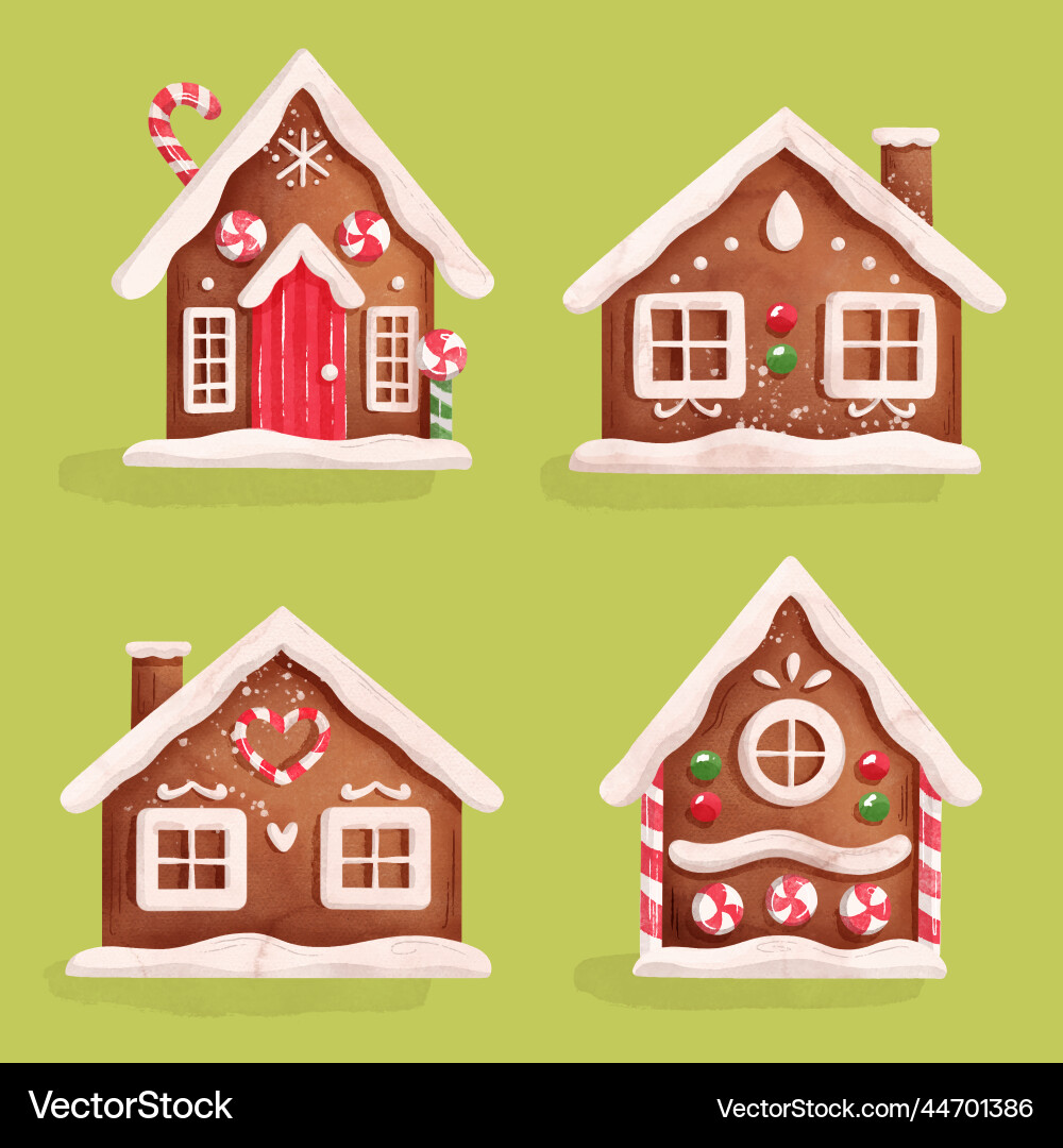 Collection watercolor gingerbread house design Vector Image
