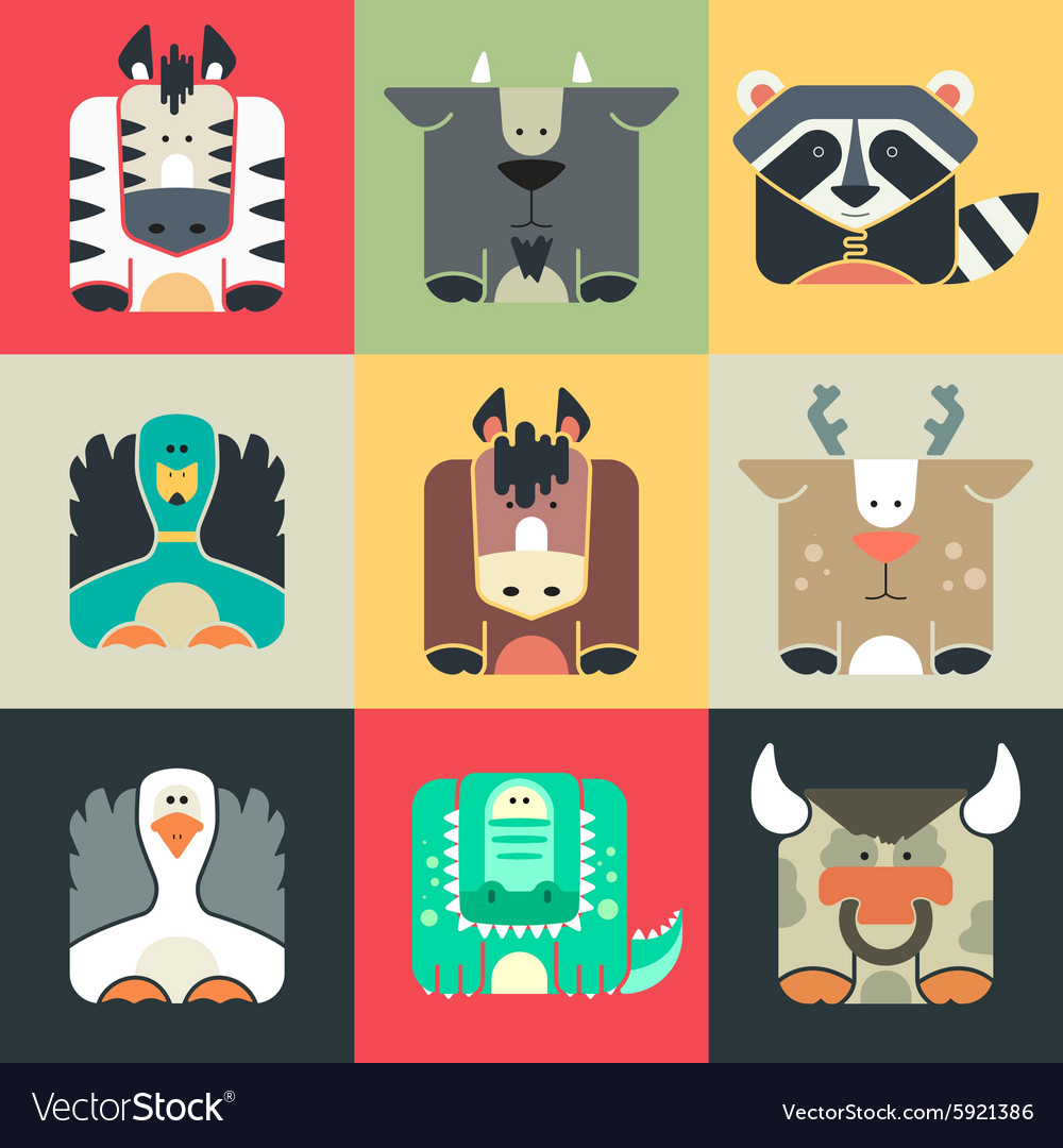 Set flat square icons of a cute animals Royalty Free Vector