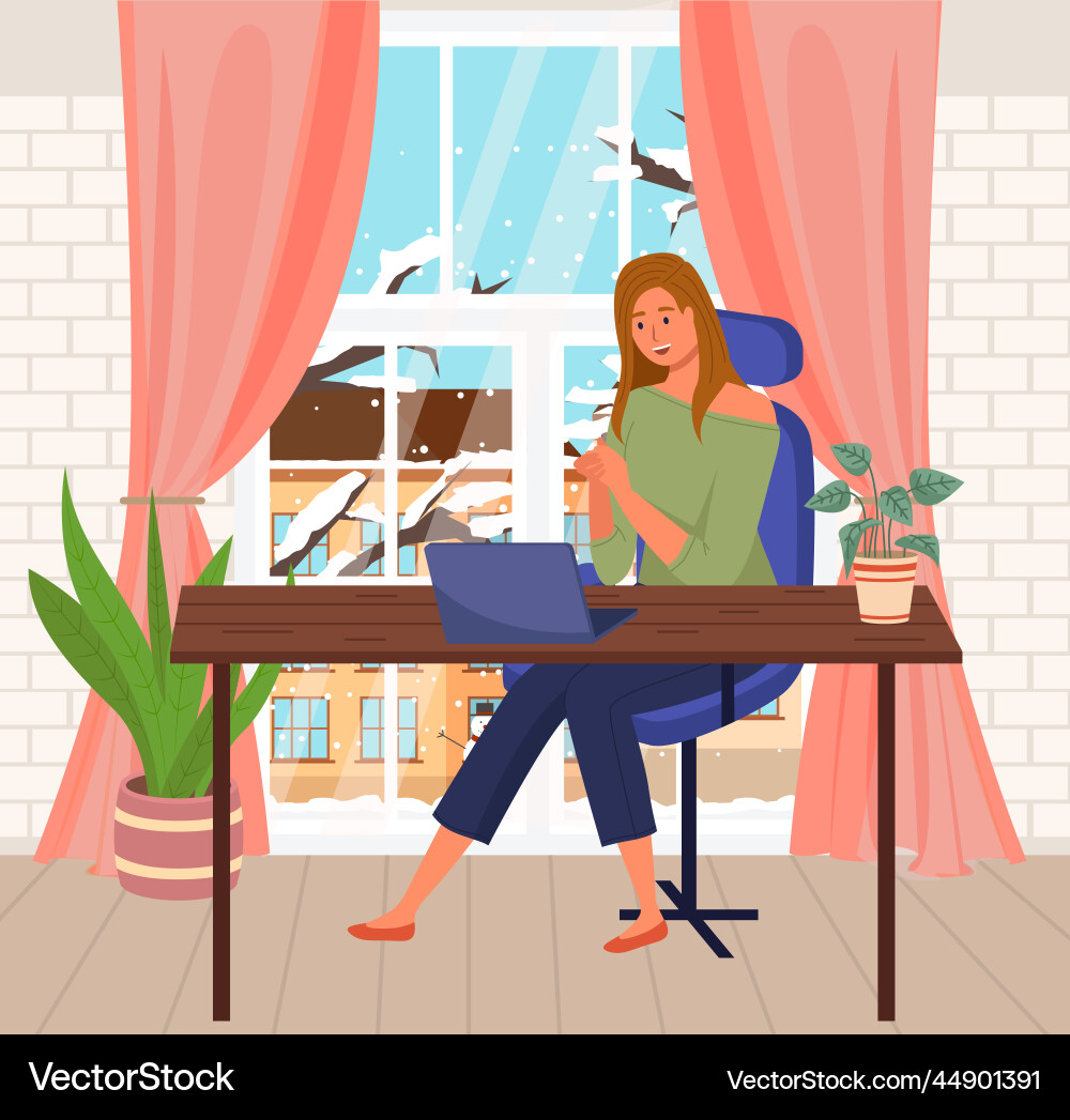 Lady sitting with laptop and surfing internet Vector Image