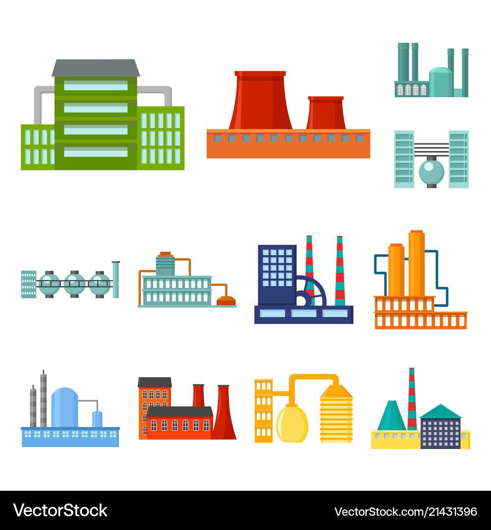 Factory and facilities cartoon icons in set Vector Image