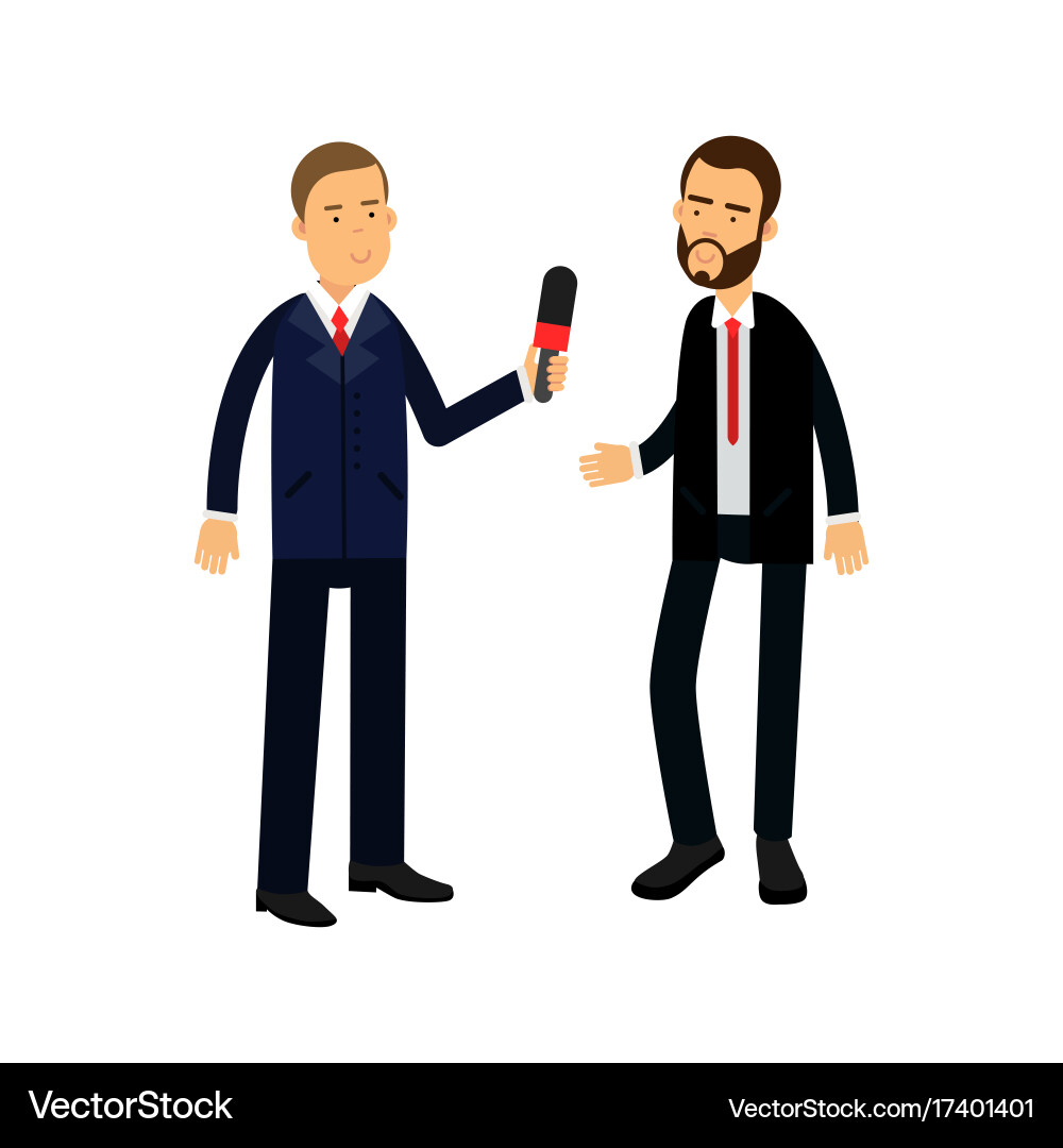 Male journalist character with a microphone making