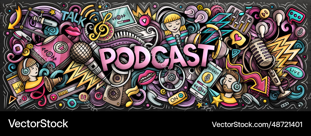 Podcast doodle cartoon funny banner Royalty Free Vector