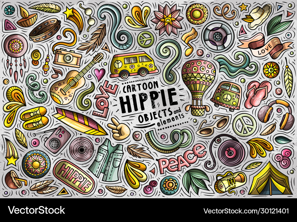 Set hippie theme items objects Royalty Free Vector Image