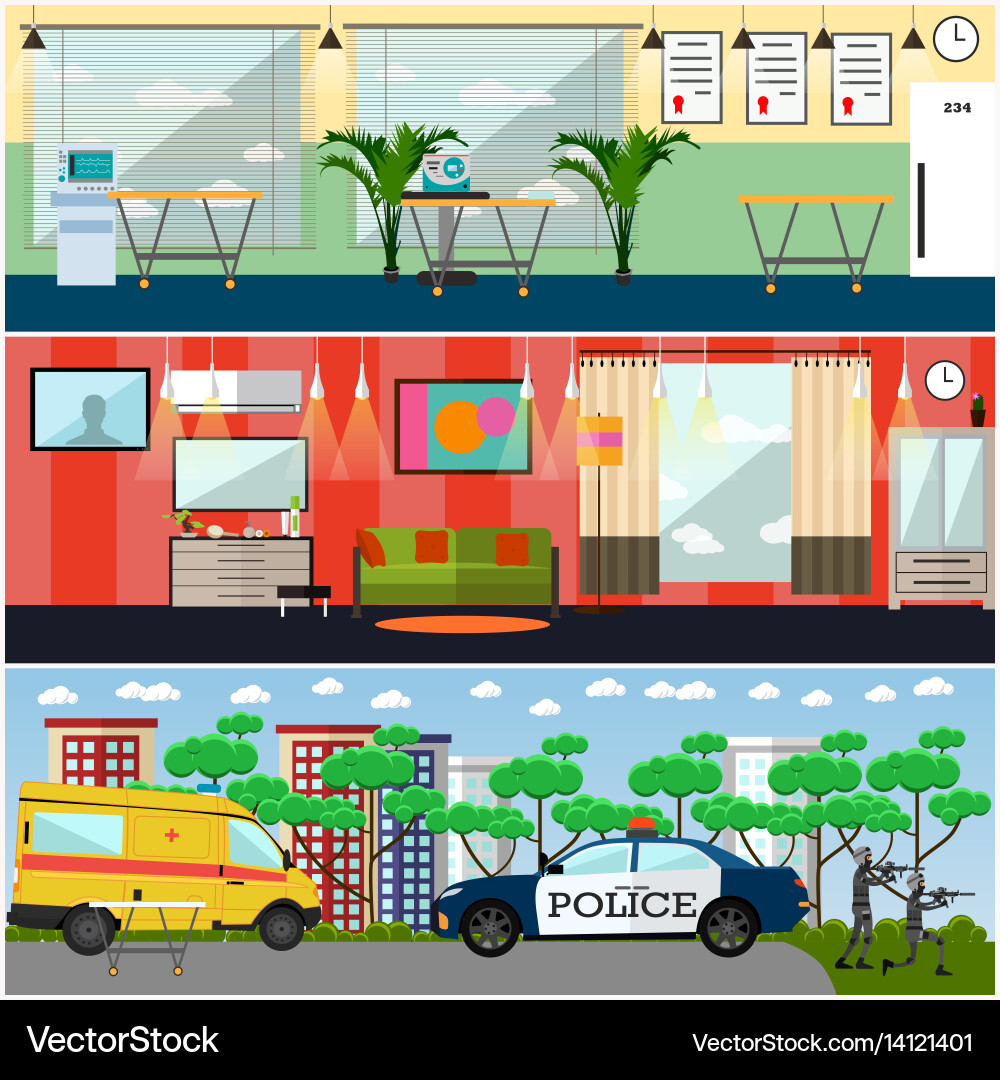 Set of first aid interior posters in flat Vector Image