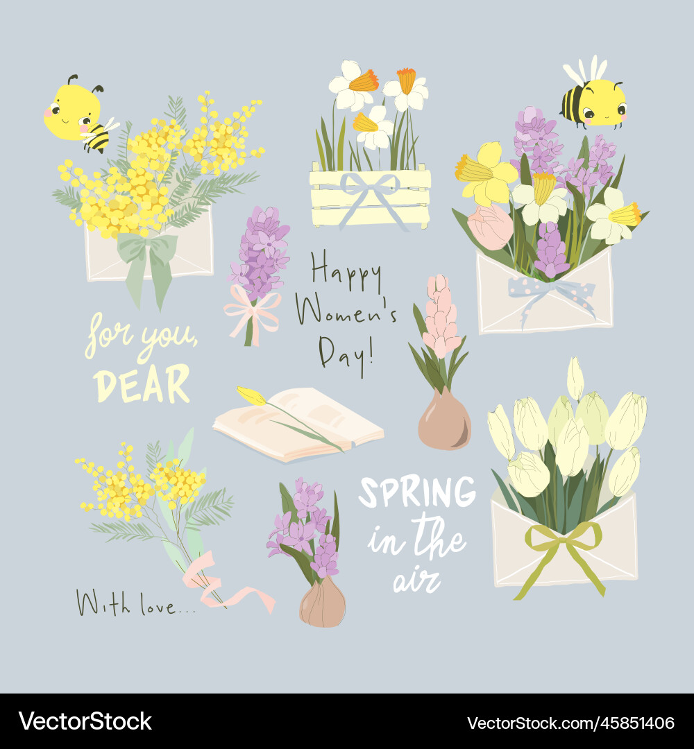 Cartoon set with fresh spring flowers bouquets Vector Image
