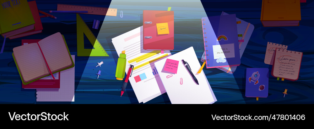 School student desk top view with homework study Vector Image