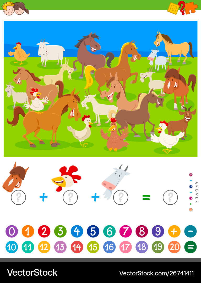 Counting and adding game with cartoon farm animals