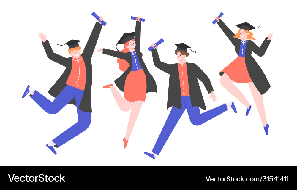 Joyful graduates in academic hats Royalty Free Vector Image