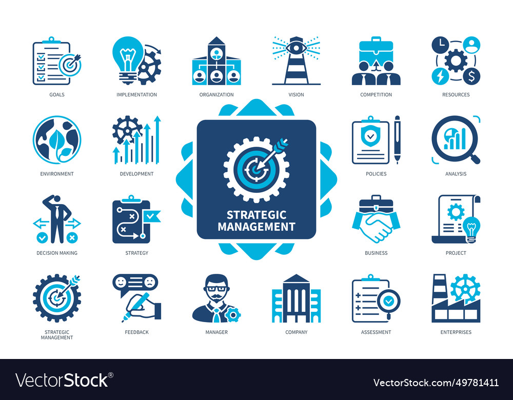 Strategic management solid icon set Royalty Free Vector