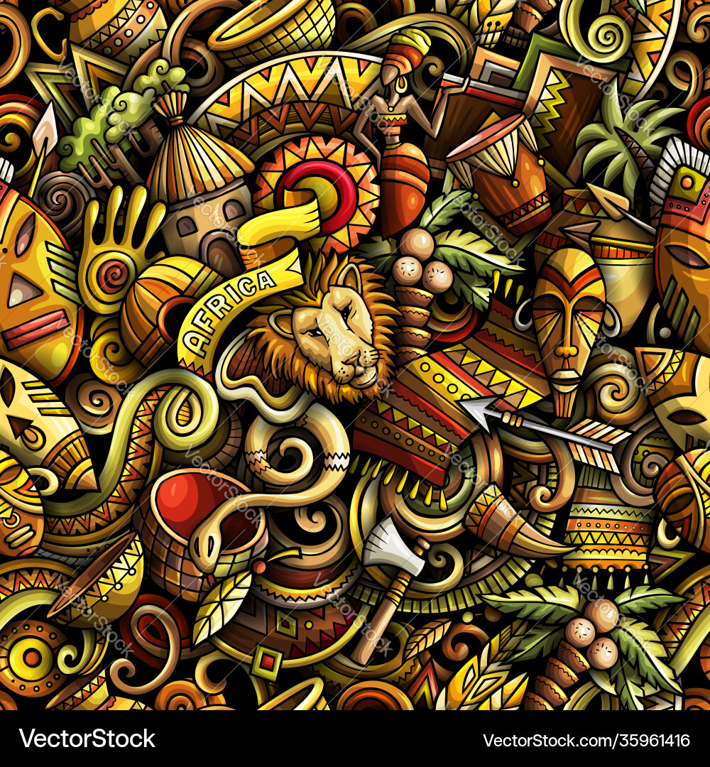 Cartoon doodles africa seamless pattern Royalty Free Vector