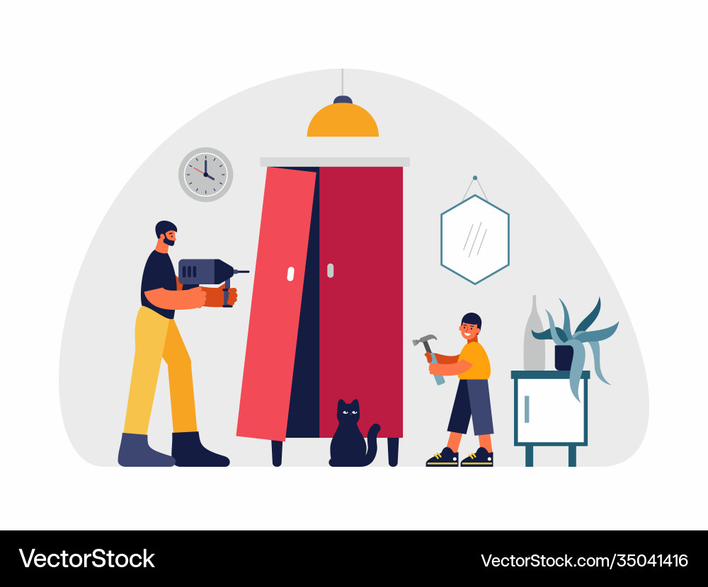 Father and son fixing broken wardrobe together Vector Image