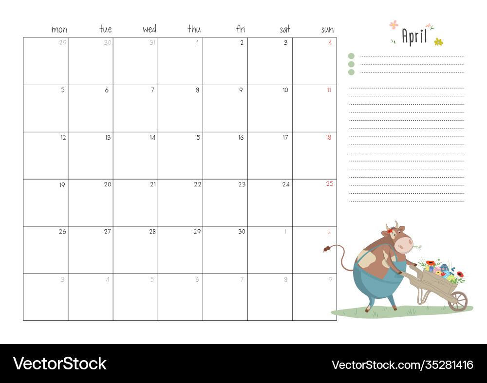 Printable a4 planner page for april 2021 with a Vector Image