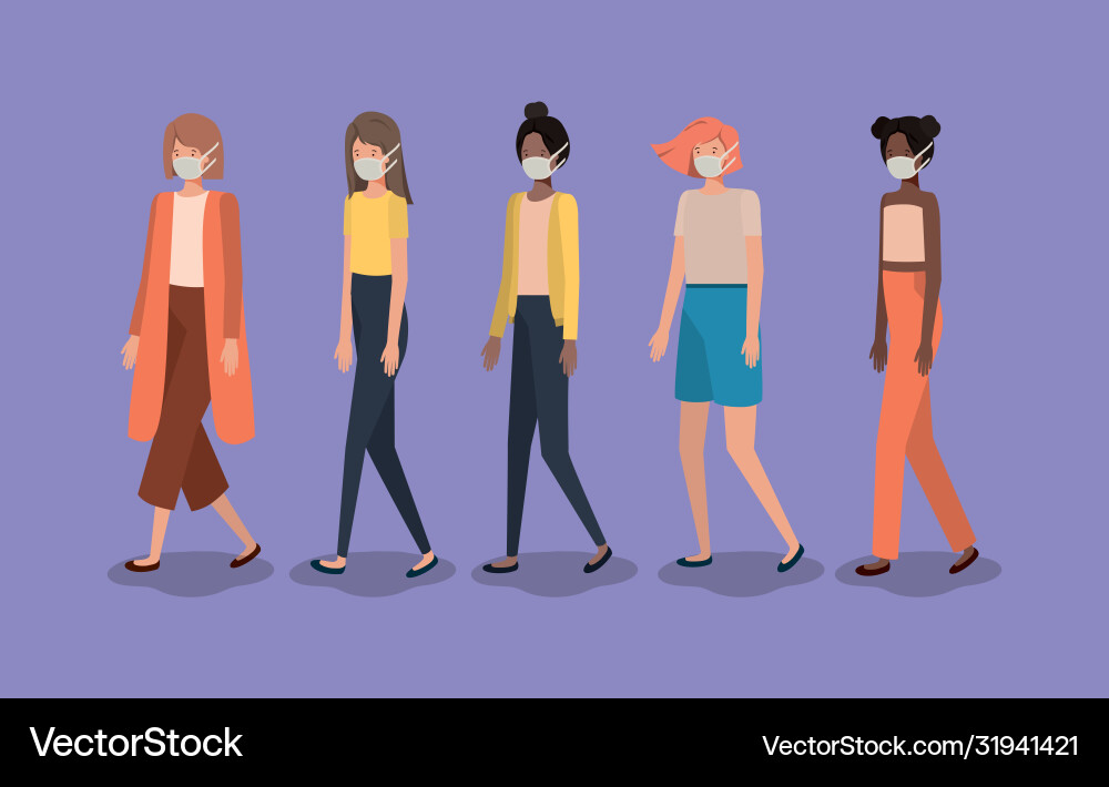 Social distancing between girls with masks Vector Image