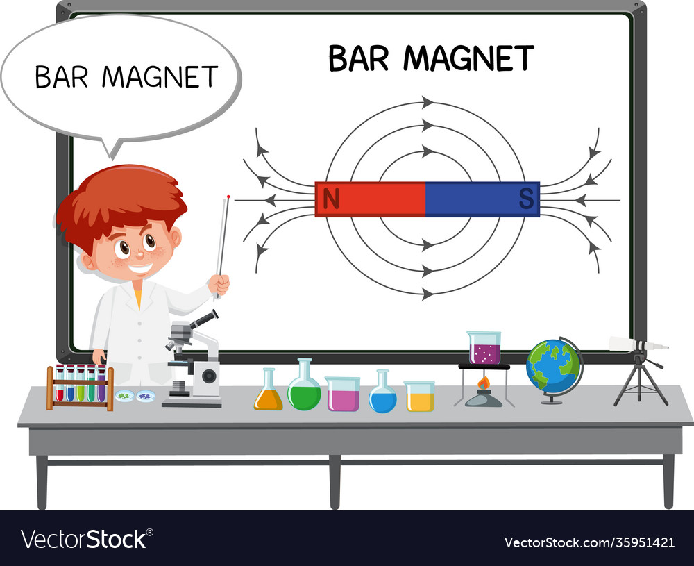 Young scientist explaining bar magnet Royalty Free Vector