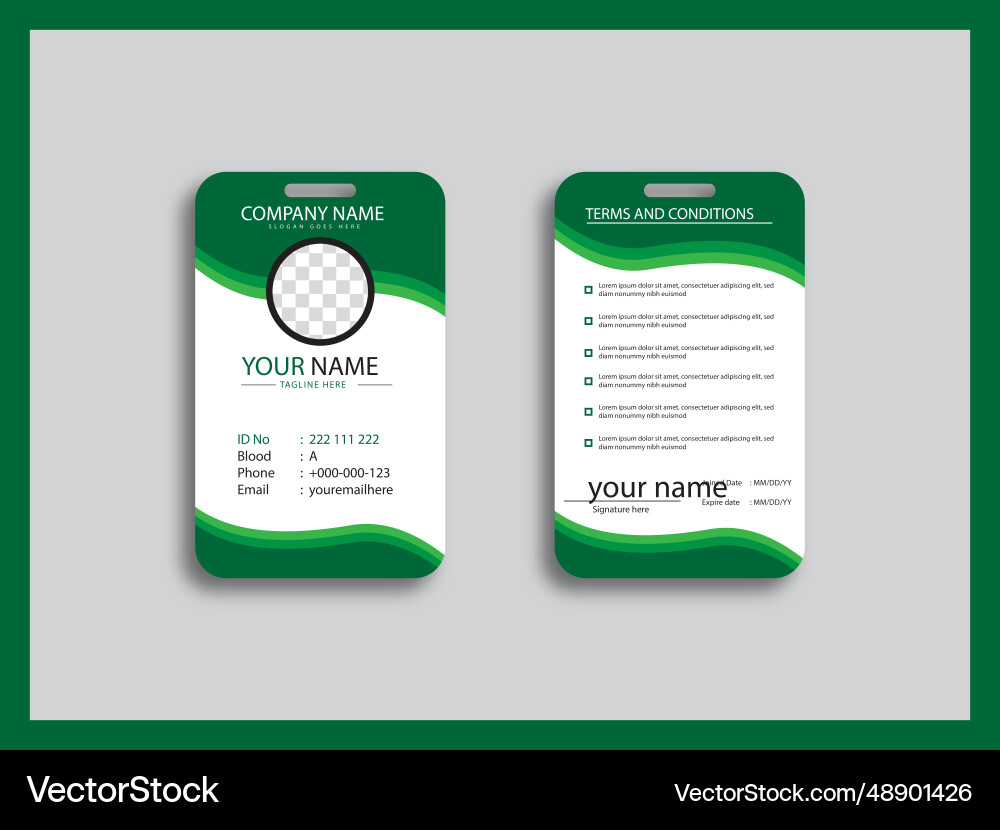 Employee id card template font and back Royalty Free Vector