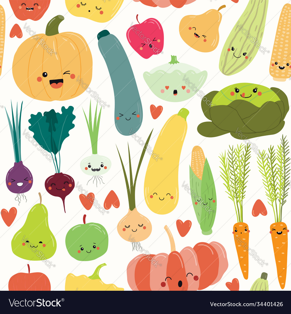 Kawaii fruits and vegetables seamless pattern Vector Image