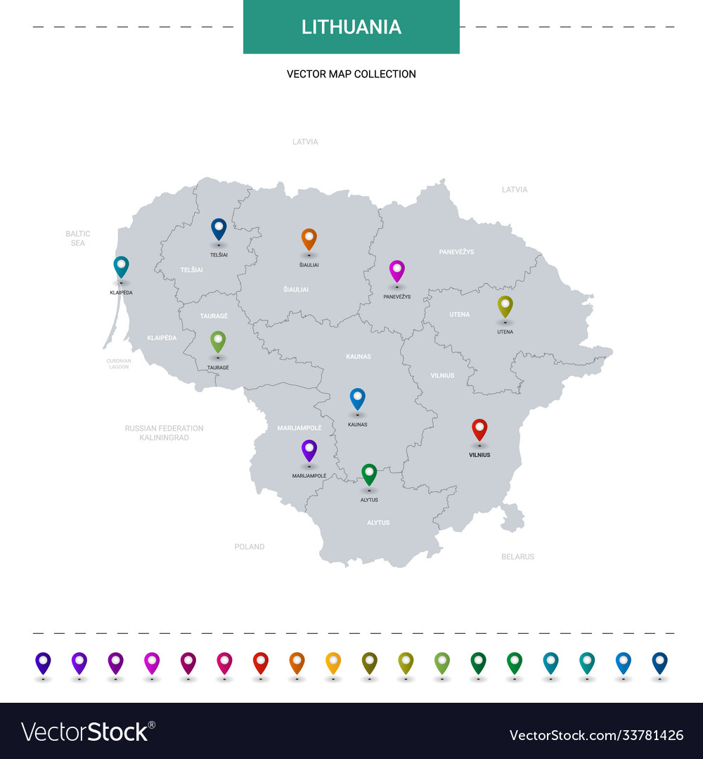 Lithuania map with location pointer marks Vector Image