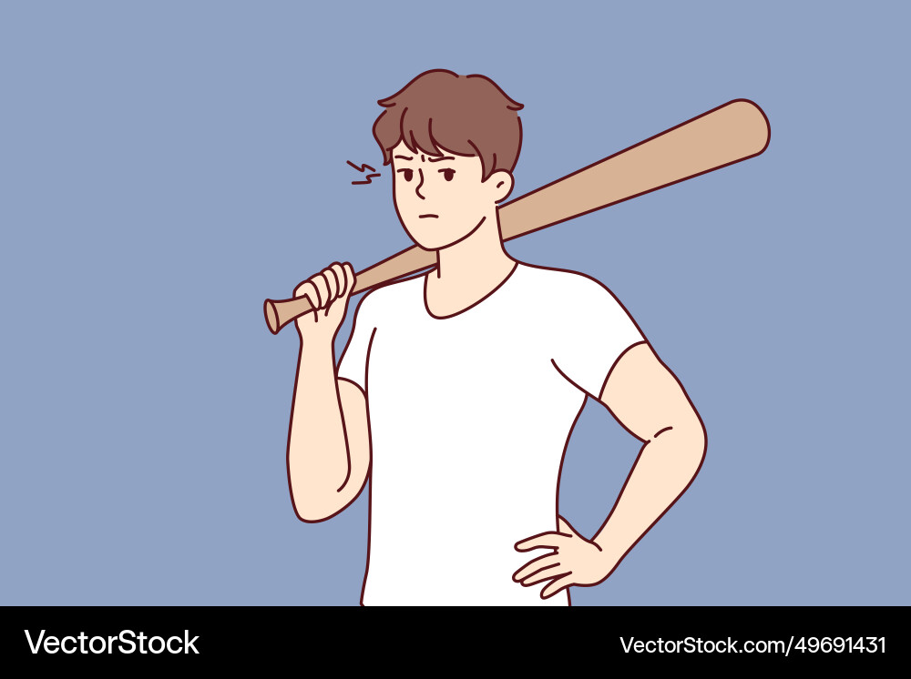 Hooligan guy with baseball bat in hand stands Vector Image