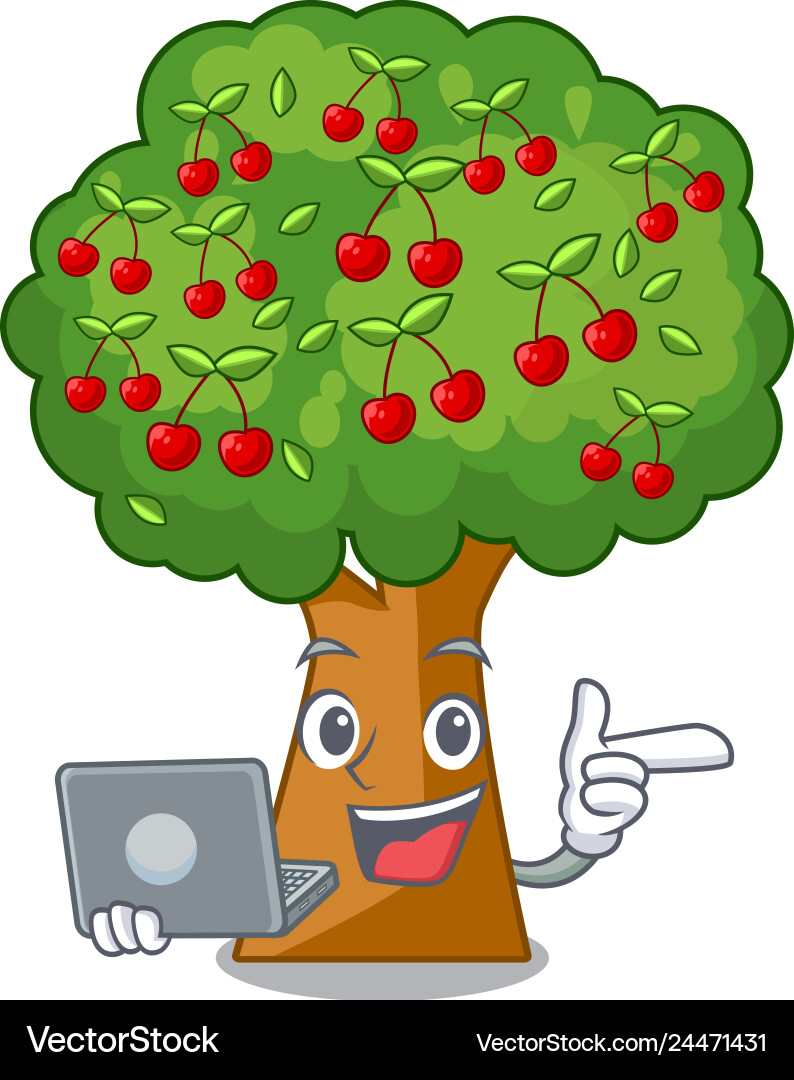 With laptop cherry tree in the cartoon shape Vector Image